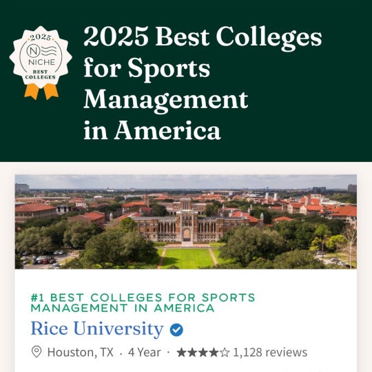 Rice Sport Management ranked #1 by Niche for 2025 | Sport Management | Rice University